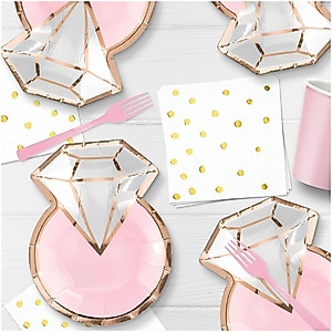 Bridal and Bachelorette Party Supplies - Blush Pink Gold Metallic Diamond Ring Paper Dessert Plates and Beverage Napkins (Serves 16)