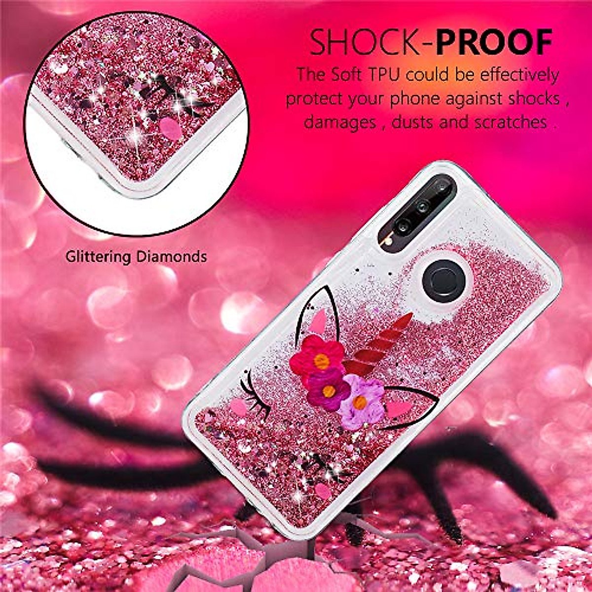ISADENSER Huawei P40 Lite e Case Huawei Y7P 2020 Case Clear TPU Glitter Stylish With 3D Love Quicksand Shiny Flowing Liquid Litetective Cover Compatible with Huawei P40 Lite e / 7P Sleeping Unicorn XY