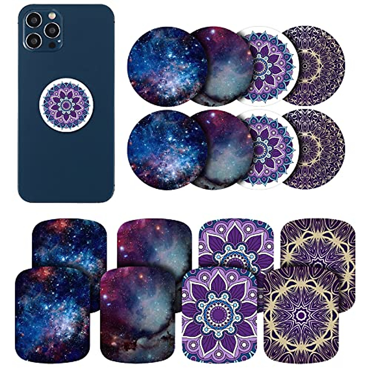 Weewooday 24 Pieces Phone Metal Plates Magnetic Mount Metal Plate for All Magnetic Car, Cell Phone, Tablet Holder, 12 Rectangle and 12 Round (Purple and Blue,Delicate Style)