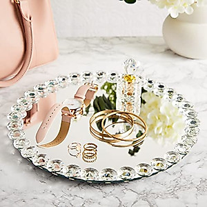 Okuna Outpost 12 in Crystal Bead Round Mirror Tray to Display Perfume, Jewelry, Candles, Bling Serving Tray for Bathroom, Living Room, Office, Vanity, Home Decor