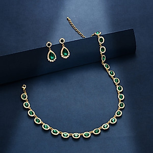 WOWORAMA Bridal Wedding Necklace Crystal Teardrop Dangle Earrings Simple Statement Necklace Jewelry Set Gold Green Bridal Jewelry Set for Wedding Emerald-Green Color Gold-Tone