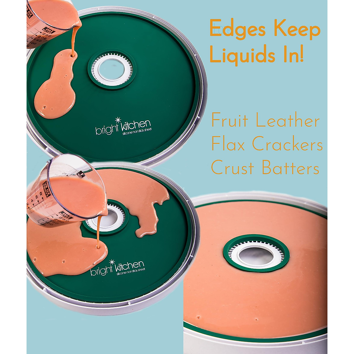 2 Fruit Leather Silicone Dehydrator Sheets with EDGES fits Elite Gourmet EFD-319 Round Dehydrators NON-Toxic Lip EFD319 Mold Hold Batter Liquids Fruit Roll Up Fruit Leather Circle ReUsable Flexible