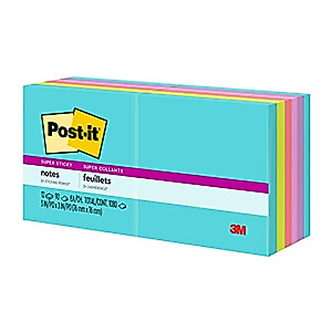 Post-it Super Sticky Notes, 3x3 in, 12 Pads, 2X the Sticking Power, Supernova Neons, Bright Colors, Recyclable (654-12SSMIA)