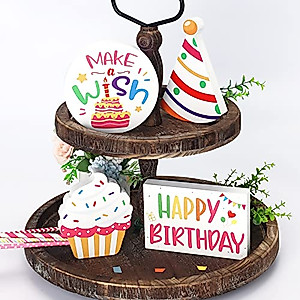 Huray Rayho Birthday Tiered Tray Decor Celebration Wooden Sign Colorful Birthday Party Supplies Make Wish Freestanding Cake Hat Block Bundle Bookshelf Happy Bday Table Decorations Gift for Her
