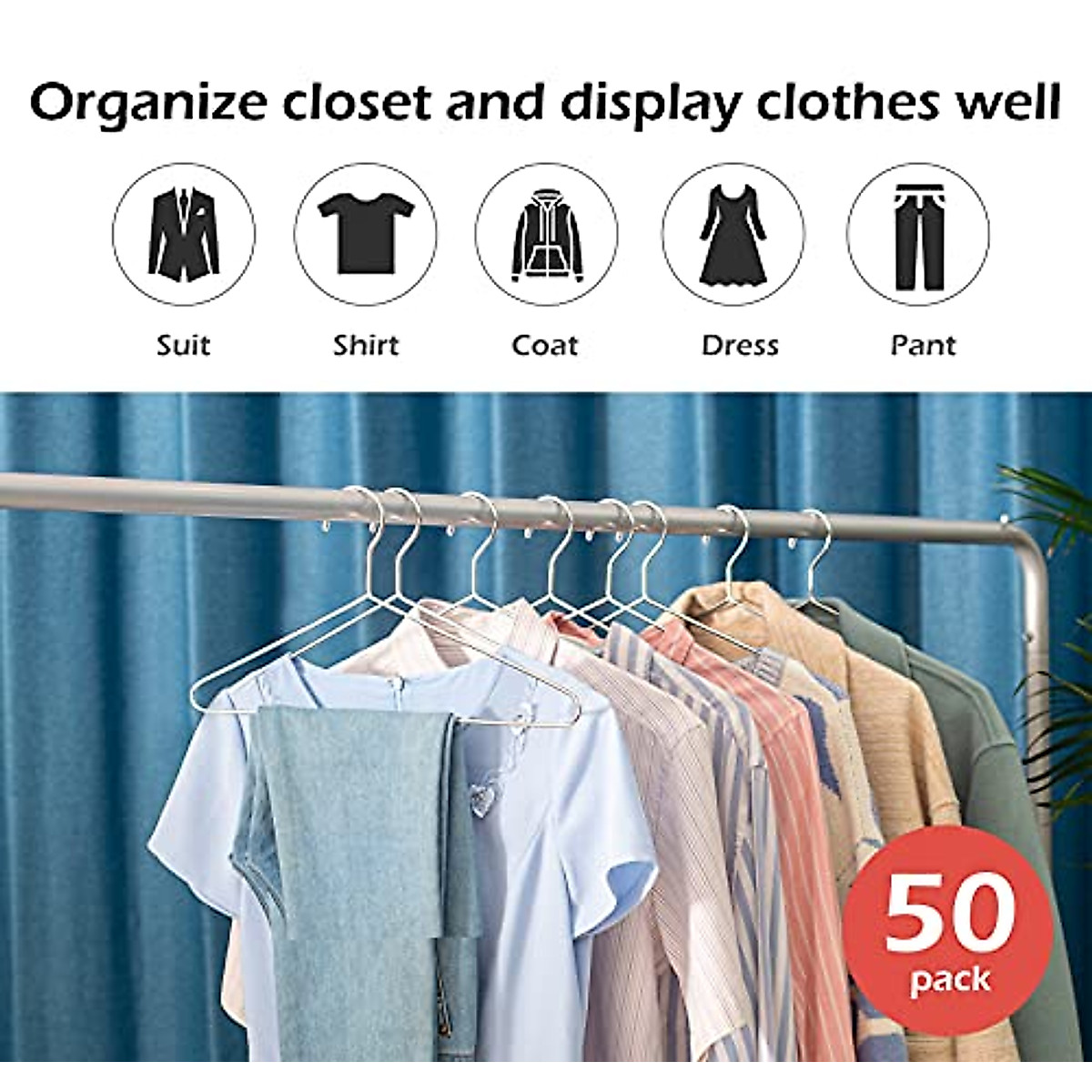 KEETDY 50 Pack Metal Hangers Coat Hangers Heavy Duty Stainless Steel Clothes Hanger for Closet Clothing Shirt Suit Pant 16.4 Inch