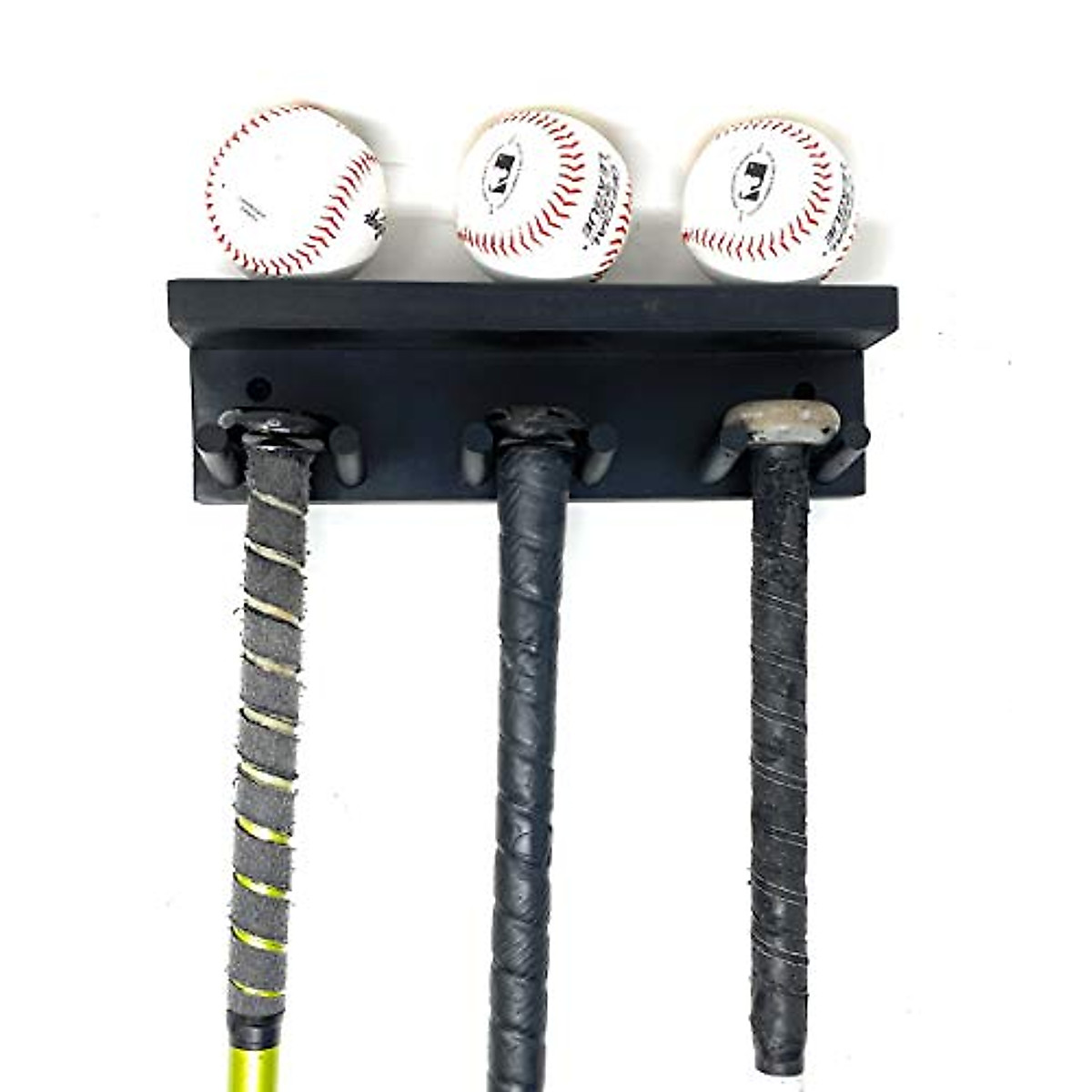 MWCSPORTSCOMPLEX Baseball Softball Bat Rack Display Meant to Hold up to 5 Full Size Bats and 3 Baseballs Holder Trophy Awards Baseball Bat Rack Display Shelf Holder Wall Mount (Black)