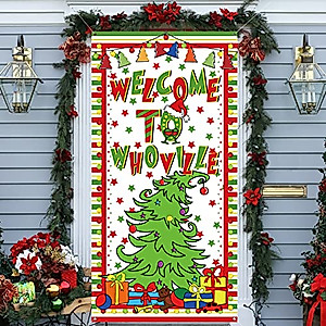 Whoville Christmas Door Cover for Christmas Party Decorations, Wellcome To Whoville Christmas Sign Backdrop Xmas Door Hanging Banner for Christmas Eve Holiday Party Supplies