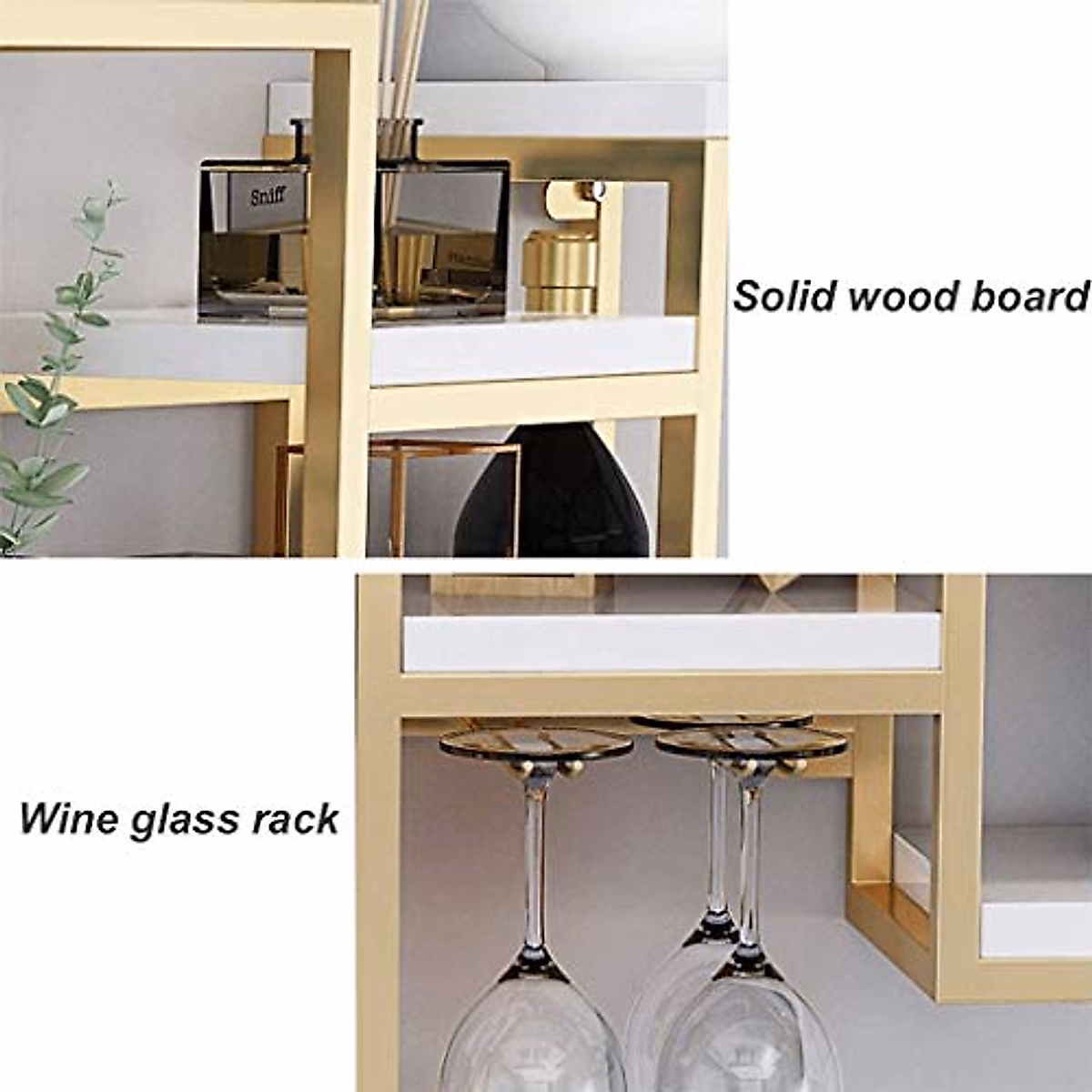 Wall Hanging Wine Rack Metal Bottle Holder Storage Wall Mounted |Wine Glass Goblet Stemware Holder| Nordic Gold and White Wood Wall Shelves for Bar Kitchen or Hone Wall Decor