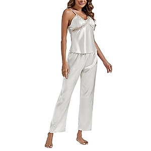 LYANER Women's Satin Silk Pajamas Set V Neck lace Trim Cami Top and Pants Sleepwear Pjs Set White Large