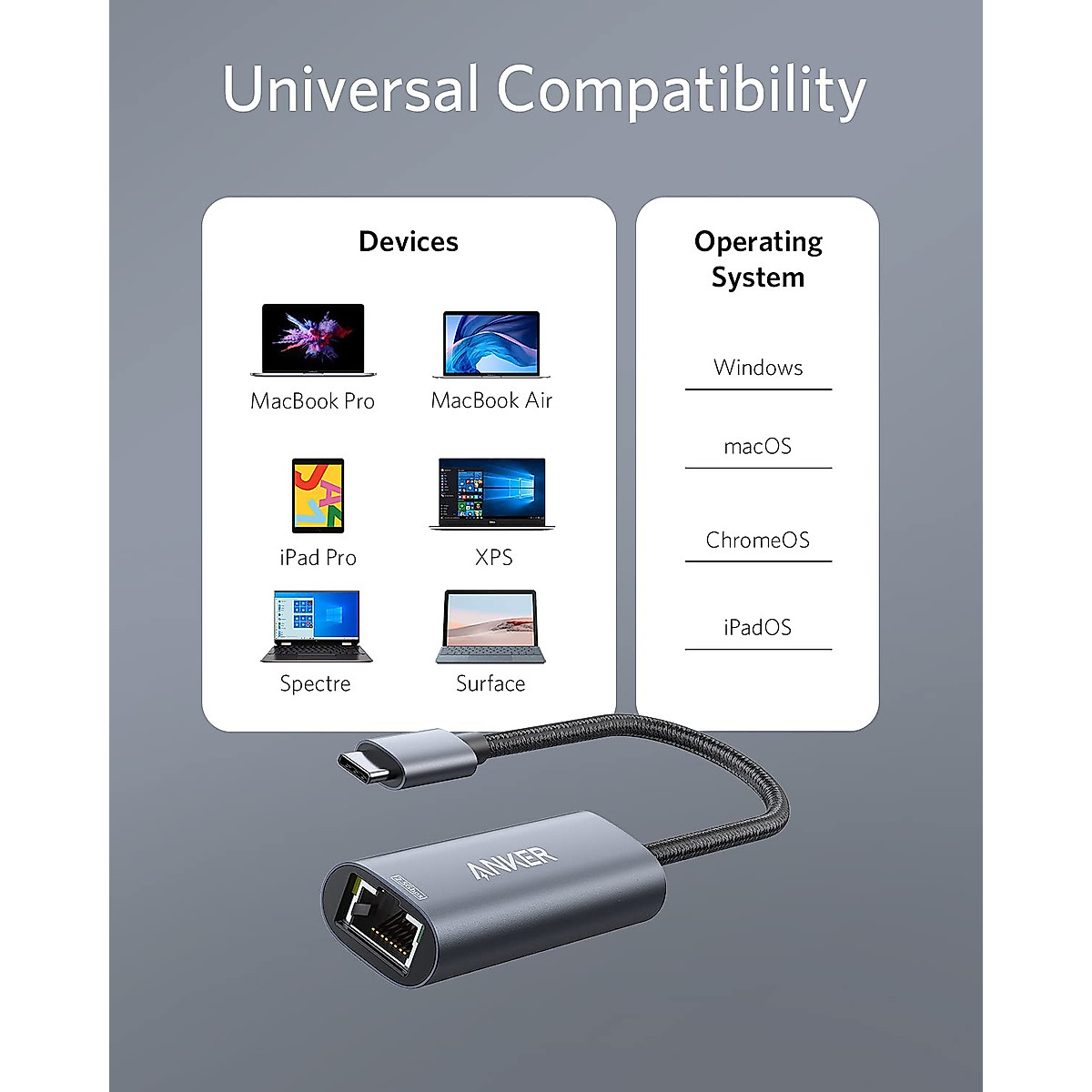 Anker USB C to 2.5 Gbps Ethernet Adapter, PowerExpand USB C to Gigabit Ethernet Adapter, Aluminum Portable USB C Adapter, for MacBook Pro, MacBook Air 2018 and Later, iPad Pro 2018 and Later, XPS