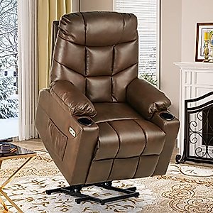 YITAHOME Electric Power Lift Recliner Chair for Elderly, Leather Recliner Chair with Massage and Heat, Spacious Seat, USB Ports, Cup Holders, Side Pockets, Remote Control (Light Brown)