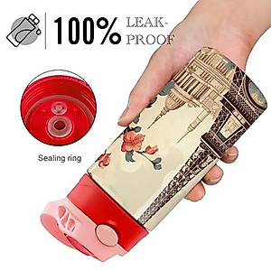 Stainless Steel Water Bottles Paris Vintage Floral Travel Water Cups with Handle And Silicone Straw Drinking Cup with Leak Proof Lid Thermo Travel Mug for Women Men