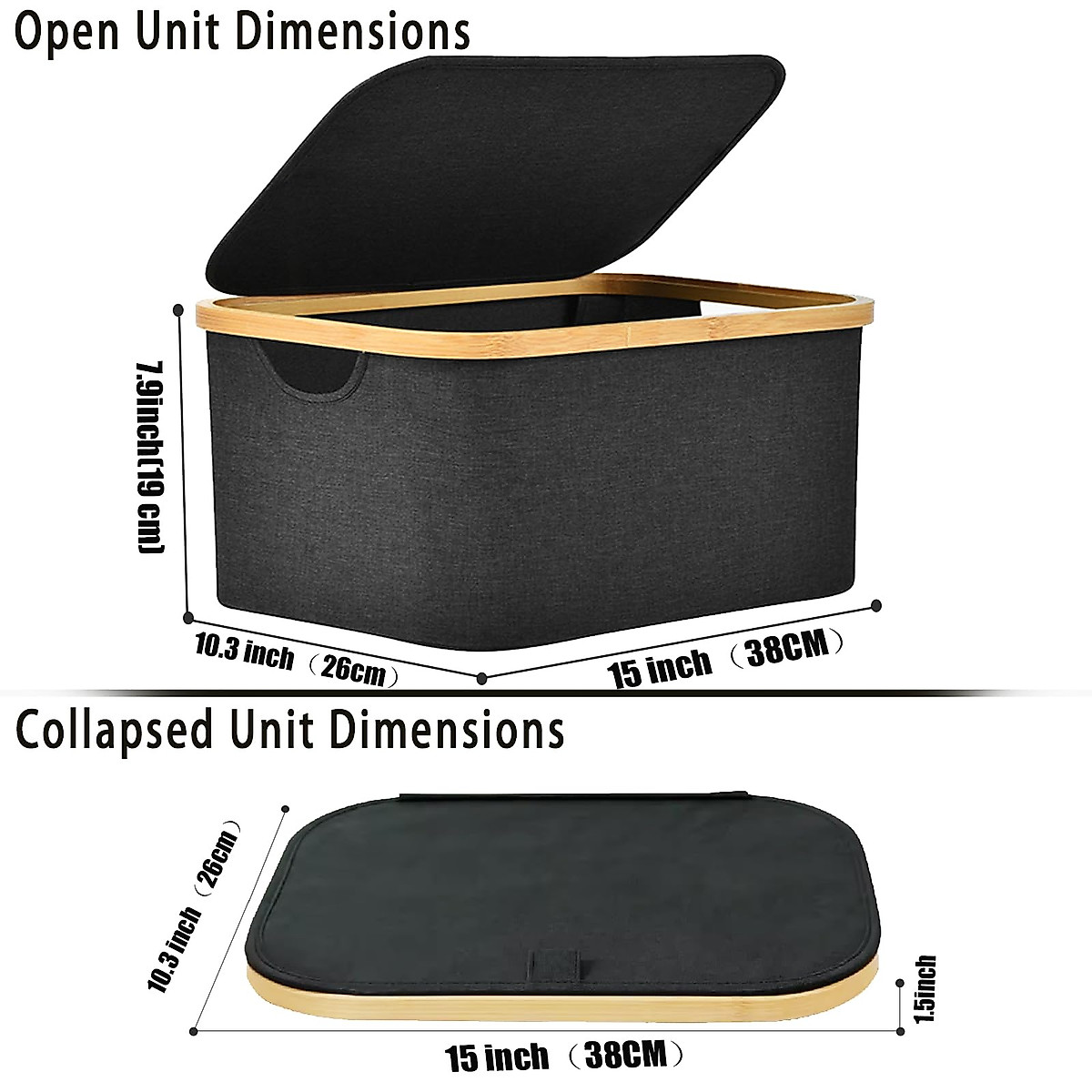 Fabric Storage Basket for Shelves, Black Storage Basket with Bamboo Handles, Collapsible Storage Bins, Rectangle Closet Baskets, Wardrobe Organiser, for Sorting Clothes, Family Items (with lid)