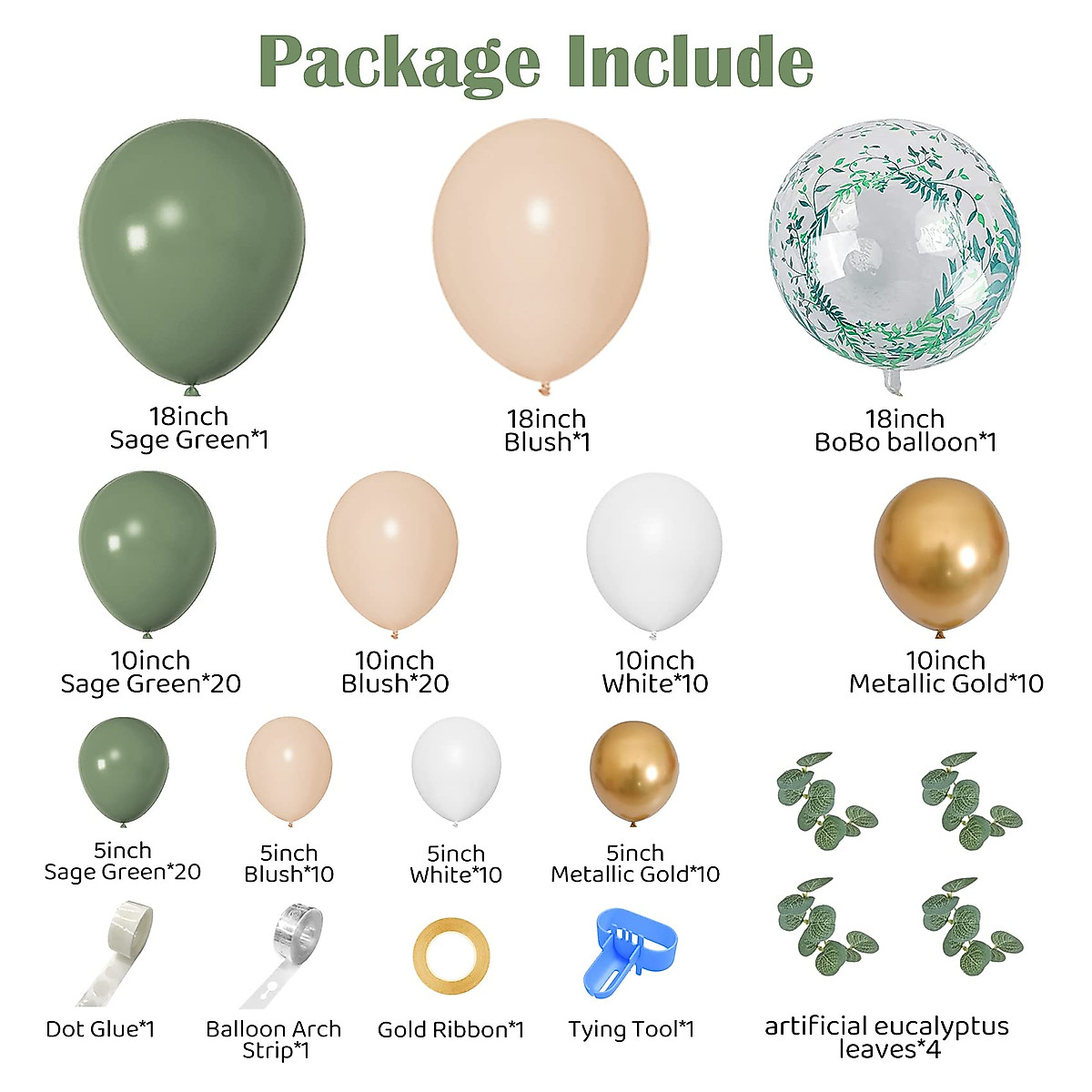 Ouddy Life Sage Green Balloon Garland Arch Kit, Olive Sage Green Balloons with Bobo Balloon of Blush White and Gold Balloons & Eucalyptus for Birthday Baby Shower Decorations Party Supplies