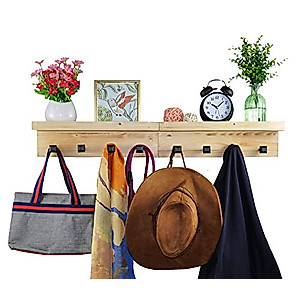 Spiretro Coat Rack with Shelf, Wall Floating Shelves with Peg Hooks, Organize, Storage, Decorative for Entryway, Mudroom, Kitchen, Bathroom, Set of 2, Rustic Pine Wood Natural Beige