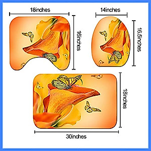 LyerArtork 4 Pieces Calla Lily and Butterfly Shower Curtain Set with Non-Slip Rug Toilet Lid Cover and Bath Mat Orange Valentines Day Bathroom Decor with Hooks Spring Flower Floral Bathtub Curtain