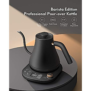 Gooseneck Kettle Temperature Control, Pour Over Electric Kettle for Coffee and Tea, 100% Stainless Steel Inner, 1200W Rapid Heating, 0.8L, Built-in Stopwatch, Matte Black