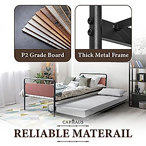 CAPHAUS Round Corner Metal Daybed Frame with Trundle, Twin Bed and Trundle Set, Mattress Foundation with Steel Slat Support and Roll Out Trundle Accommodate, Premium Steel, P2 Grade Walnut Wood Board