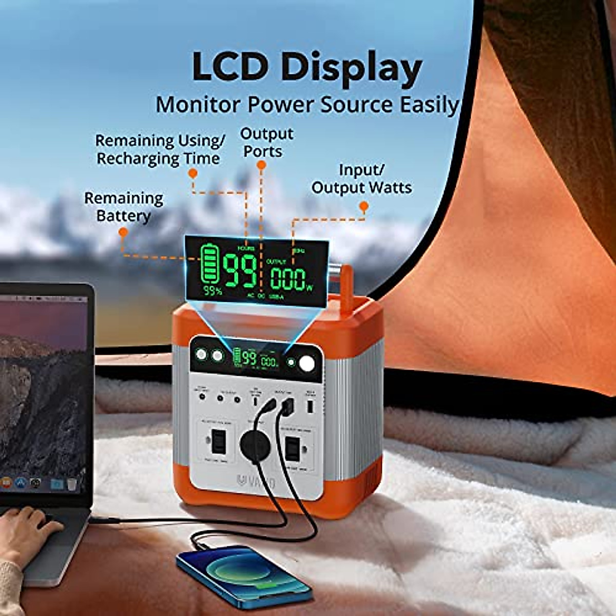 VATID Portable Power Generator,600W 518Wh Solar Power Generator,110V AC,12V Regulated DC,3.5hrs 100% Recharge,Pure Sine Wave,65W USB PD Rechargeable Power Generator