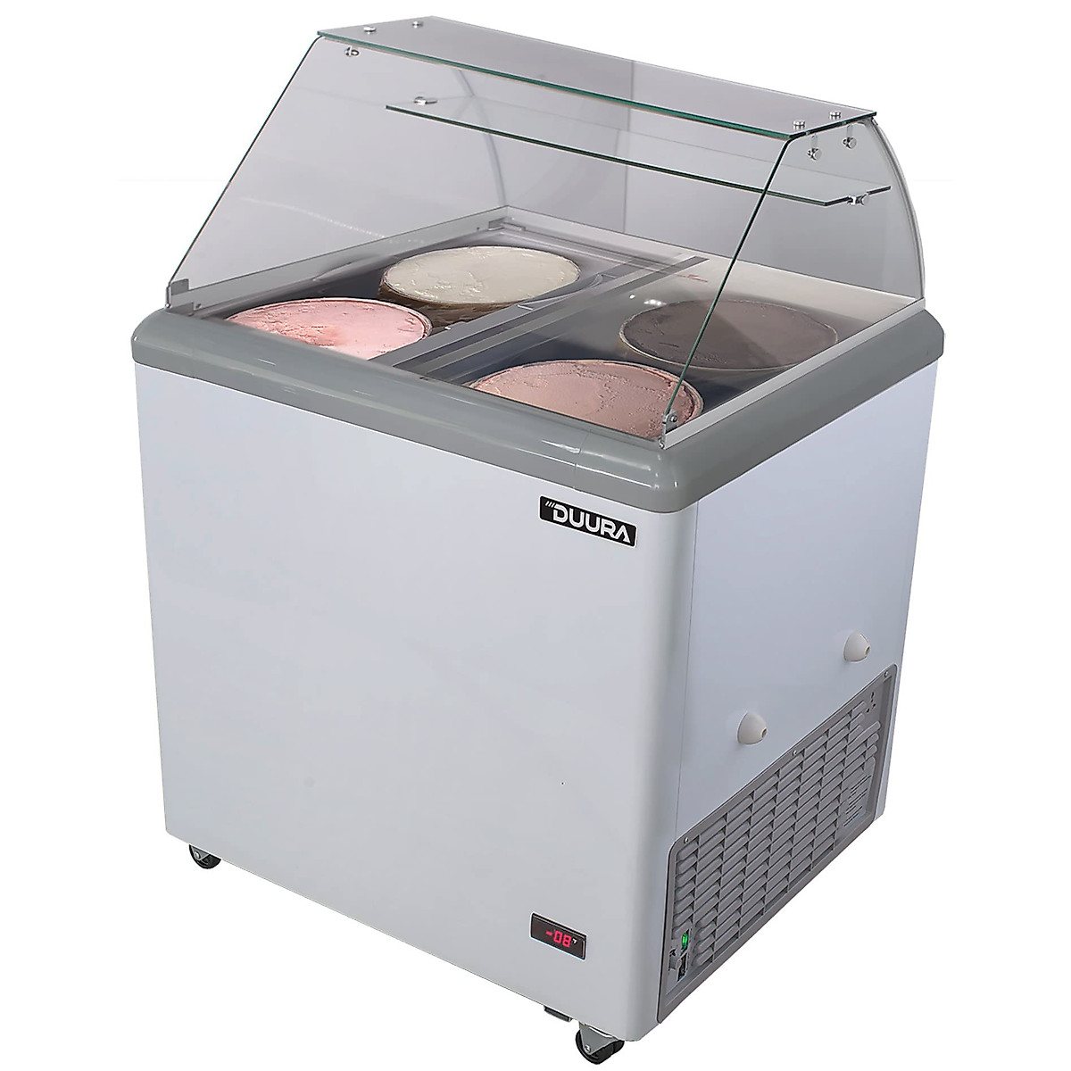 Duura 4 Flavor Commercial Ice Cream Dipping Cabinet and Gelato Deep Freezer Case Glass Top 7.5 Cubic Feet of Storage Space Holds 4 Tubs Stores 2 More with Tub Holders and Skirts, 31.5 Inch Wide, White