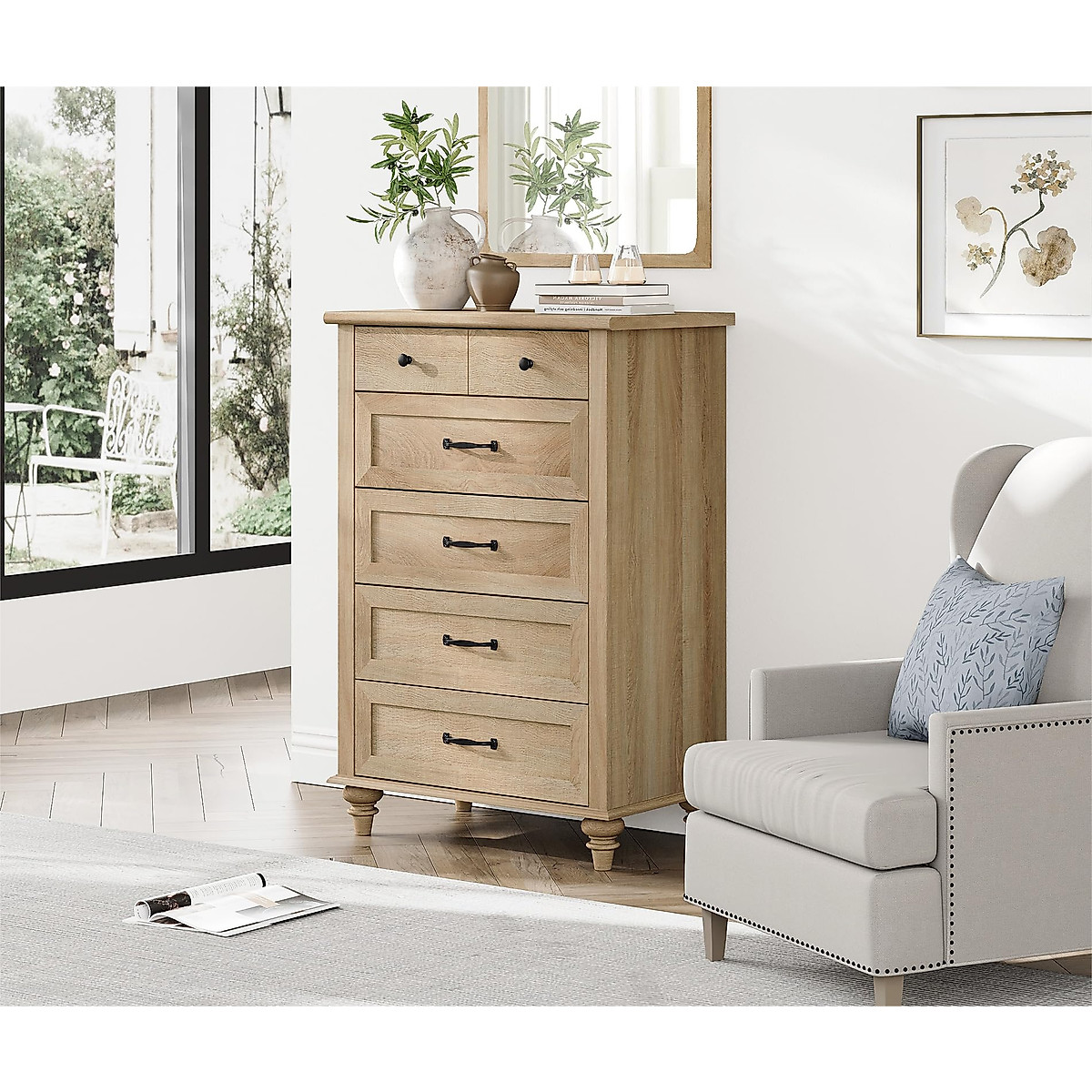 WAMPAT Small Dresser for Bedroom with 5 Drawers & Solid Wood Legs, Mid Century Modern Chest of Drawers Vertical Dresser Storage Organizer, Farmhouse Dresser for Kids Bedroom, Oak