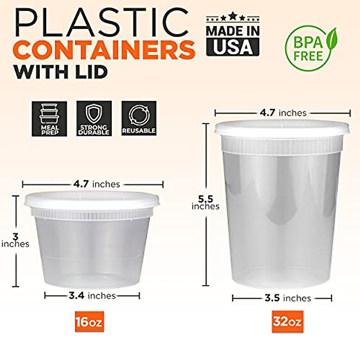 [40 Pack] Food Storage Containers with Lids, Round Plastic Deli Cups, US Made, 16 and 32 oz, Cup Pint Quart Size, Leak Proof, Airtight, Microwave & Dishwasher Safe, Stackable, Reusable, White