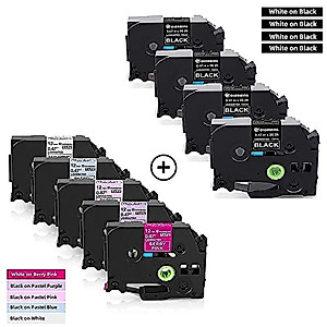 COLORWING Compatible Label Tape Replacement for Brother Ptouch TZe TZ Tape 0.47" x 26.2' Berry Pink/Pastel Pink/Pastel Purple/Pastel Blue/White/Black, for PTD210 PTD400 PTD200, 9 Pack