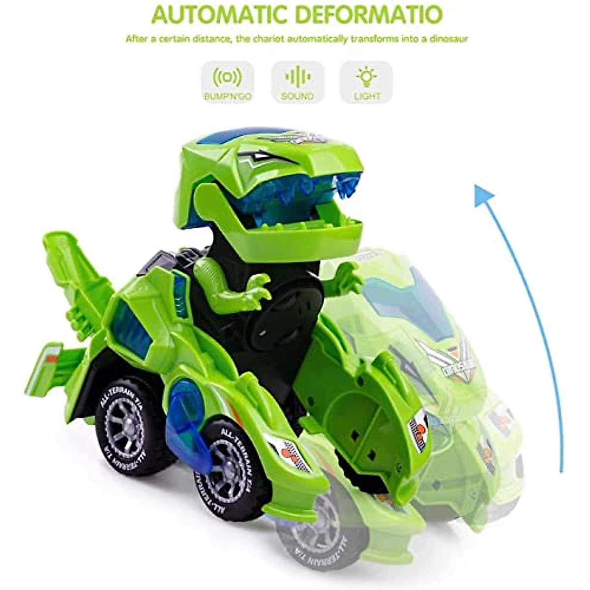 XILETAO Deform Dinosaur Toys for Boys Girls, 2 in 1 Dinosaur Toy Cars for Kids, Transforming Dinosaur LED Car with Music, Automatic Dino Transformers Toys, Boy Toys Dinosaurs Toy Car (Green)