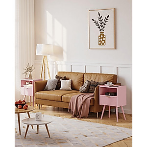 JOONEE Nightstand,Modern Bedside Table with Storage Drawer and Open Wood Shelf, for Living Room, Bedroom and Small Spaces, Accent Night Stand with Solid Wood Legs, Easy Assembly,Classic Pink