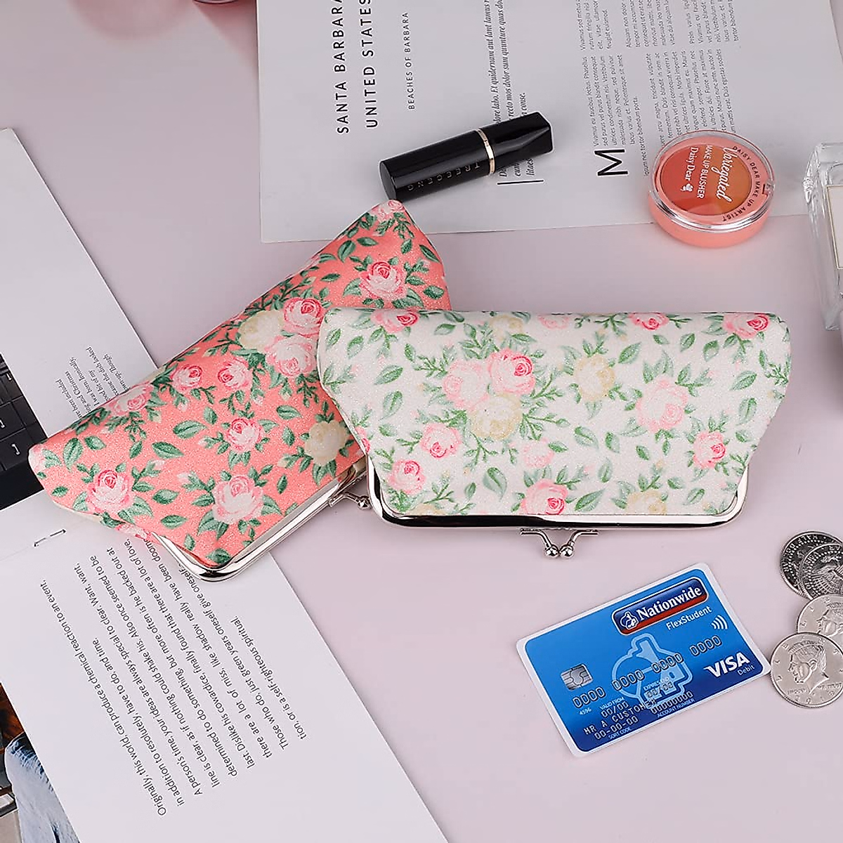 Oyachic 2 Pcs Large Coin Purse,Floral Change Purse,Vintage Wallet,Long Coin Pouch,Coin Wallet with Kiss Lock Clasp for Women Girls