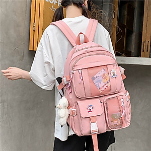 Kawaii Backpack with Pins and Pendant Accessories Cute College High School Backpack Laptop Bookbags for Teens Girls (Pink)