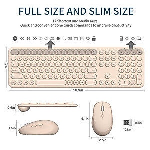 Wireless Keyboard Mouse Combo, 2.4Ghz Aesthetic Quiet Keyboard and Mouse Wireless, 110 Keys Full Size Ultra-Thin Cute Keyboard for Laptop, Computer, PC, Notebook, Windows, Mac OS (Khaki)