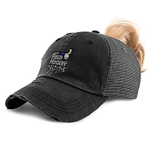 Speedy Pros Womens Ponytail Cap Field Hockey Mom Embroidery Cotton Distressed Trucker Hats Strap Closure Black