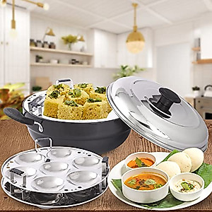 KSJONE All-in-One Hard Anodized Big Size Multi Purpose Idli Cooker and Steamer with Multi Kadai and 5 Plates 2 Idli Plates | 2 Dhokla | 1 Patra Plate