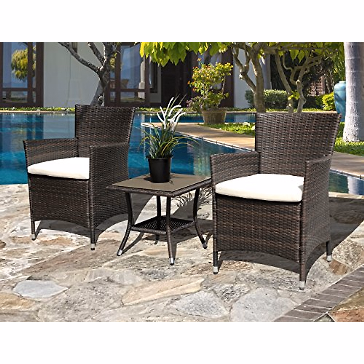 Super Patio Outdoor Patio Wicker End Table Rattan Square Glass Top Wicker Coffee Table Side Storage Table, Aluminum Frame, Espresso Brown