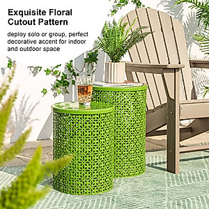 Glitzhome Outdoor Side Table Set of 2, Decorative Garden Stool for Indoor Outdoor Heavy Duty Metal Frame Accent Table Modern End Table, Glossy Green