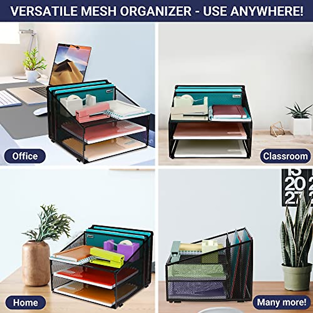 Office Desk Organizer Metal Mesh with 3 Paper Trays and 2 Vertical Upright Sections, Desktop File Holder for Letter Size A4, Folders, Stationary, and Desk Accessories