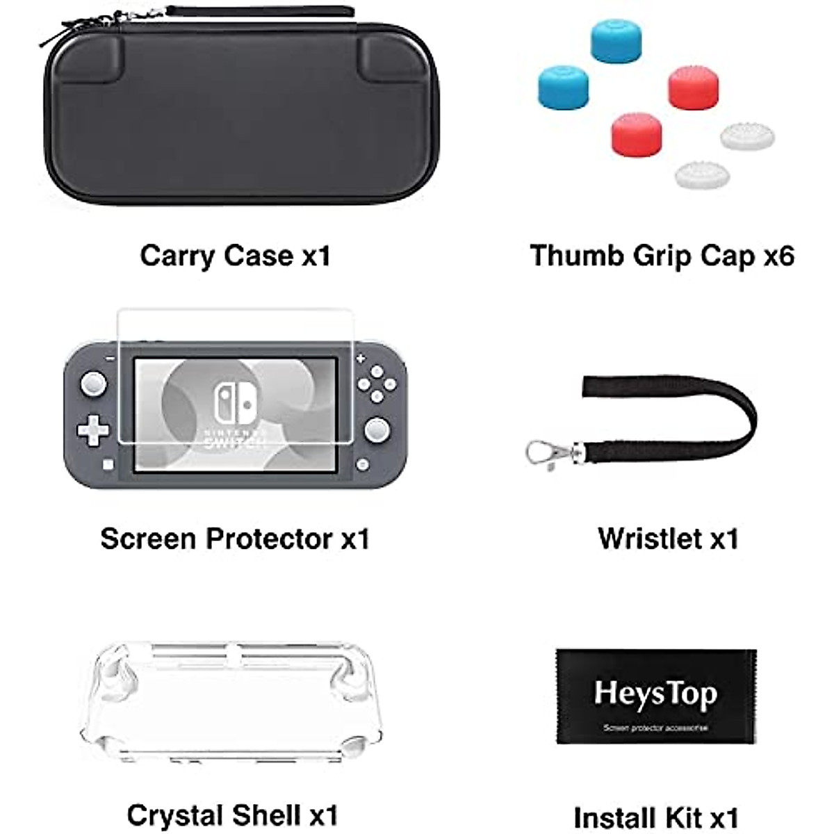 HEYSTOP Kompatybilna Torba do przenoszenia Nintendo Switch Lite, ochronne case NA wyświetlacz z z hartowanego szkła, karta do greed, 6 nakładek NA kciuk do zestawu akcesoriów Nintendo Switch Lite