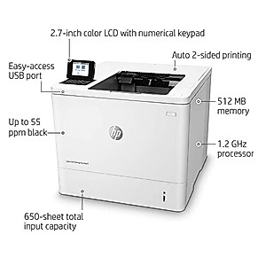HP Laserjet Enterprise M607n Monochrome Printer with Built-in Ethernet, 1200 x 1200 dpi, 550-sheet Input Feeder, 55 ppm, 512 MB, 2.7-inch LCD with keypad, Bundle with JAWFOAL Printer Cable