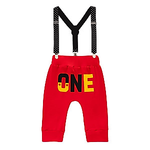 LENSOUS Baby Boys First Birthday Cake Smash Outfits Bowtie One Year Old Romper Pants Set（Red,18-24 Months）
