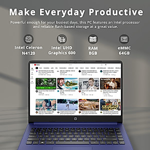 HP Premium Stream 14" HD BrightView Laptop, Intel Celeron N4120, 8GB RAM, 64GB eMMC Storage, UHD Graphics, HD Webcam, 1 Year Office 365, Bluetooth, WiFi, HDMI, Win 11s, Blue, 32GB Hotface USB Card