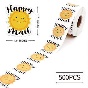 Littlefa 1.5” Happy Mail with Sun Design Stickers,Mail Stickers,Bakeries Stickers,Handmade Stickers,Small Business Stickers, Envelopes Stickers, Gift Bags Packaging 500 PCS