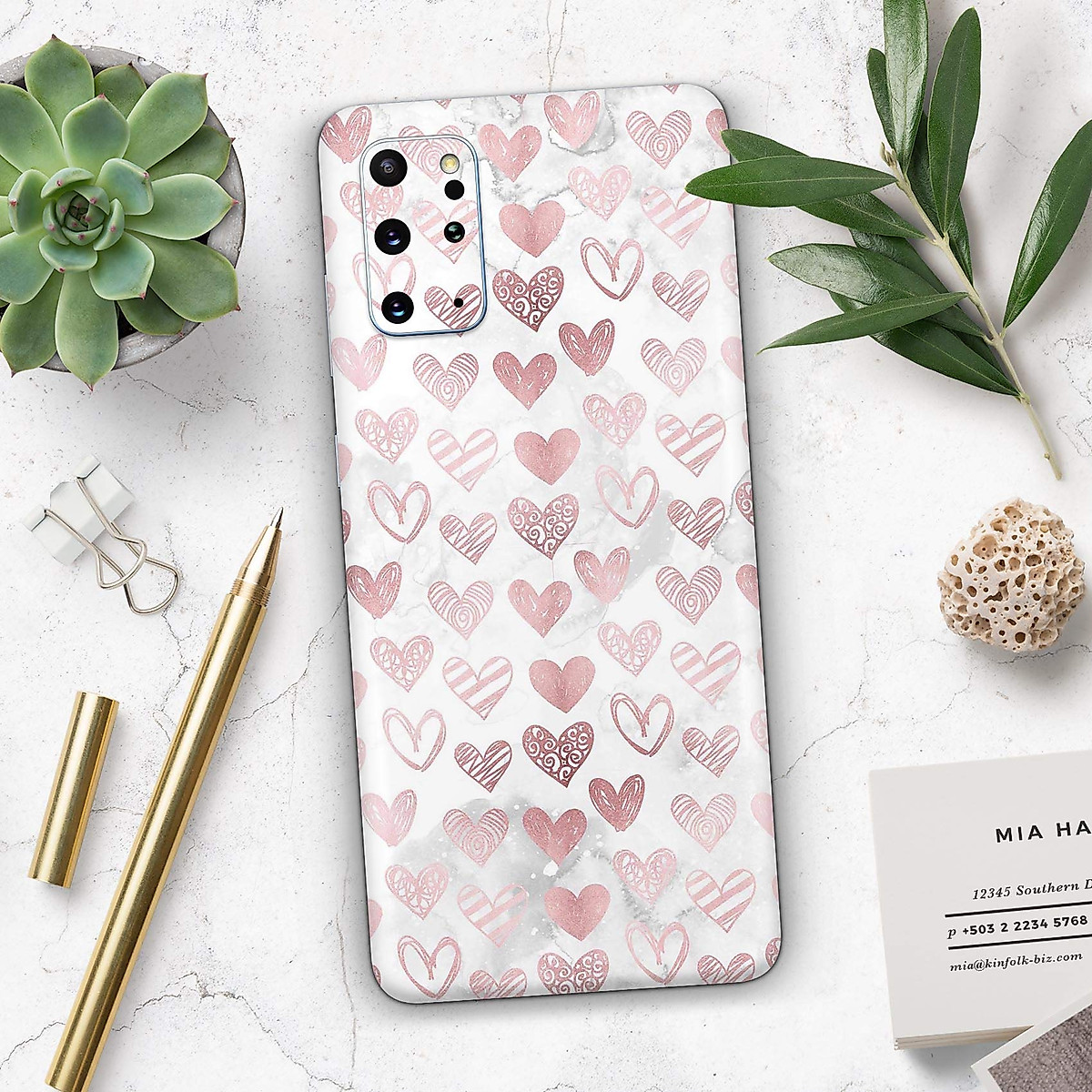 DesignSkinz Karamfila Marble & Rose Gold Hearts v3 Protective Vinyl Decal Wrap Skin Cover Compatible with The Samsung Galaxy S20 (Screen Trim & Back Glass Skin)