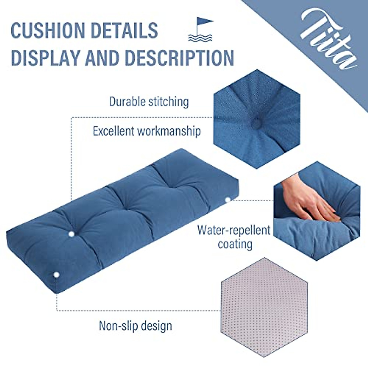 Tiita Outdoor Bench Cushion, 48×16 Inch Waterproof Patio Furniture Cushions Durable Patio Bench Seat Pads, Resistant Long Chair Cushion for Garden, Sofa, Swing (Blue)