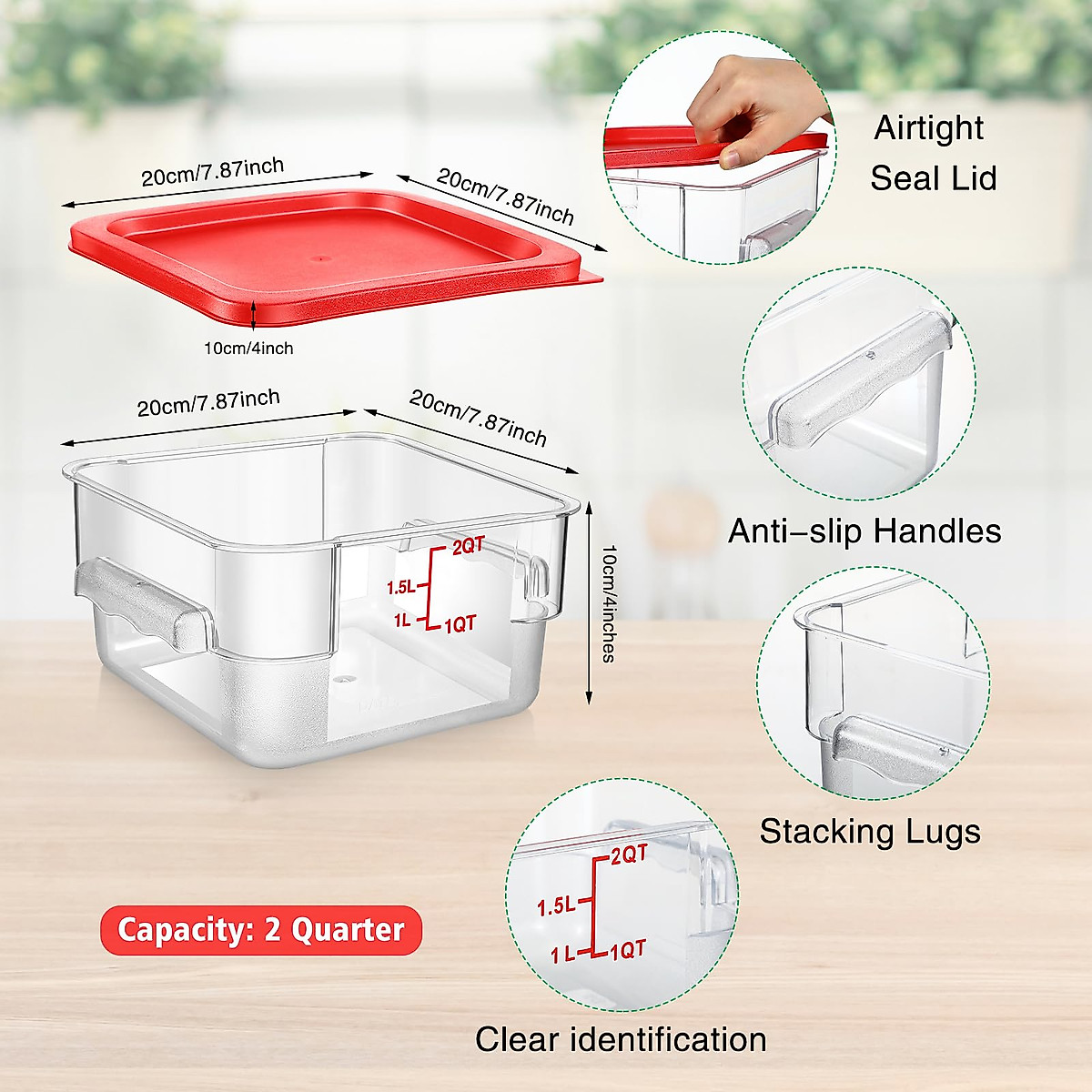 Suclain 2 Pcs Square Food Storage Container Polycarbonate Clear Food Container with Red Lid Commercial Rice Storage with Red Graduations for Commercial Kitchen(7.87 x 3.94 inches)
