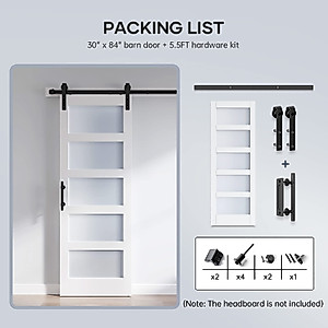 ROYMELO 30x84 Inch Glass Sliding Barn Door Slab and 5.5ft Hardware Kit Included, 5 Frosted Glass, LVL Wood Panel Covered with White Water-Proof Scratch-Proof PVC Surface, Simple DIY Assembly