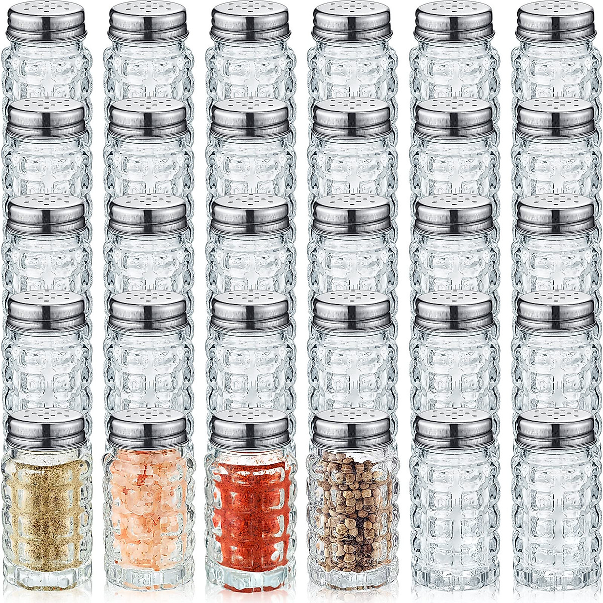 Lallisa 30 Pack Retro Style Salt and Pepper Shakers 2 oz Clear Glass Salt Shaker with Stainless Steel Lids for Kitchen Counter Table Restaurant Hold Various Condiments (Trendy)