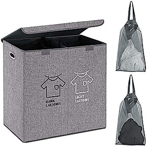 TECHMILLY Double Laundry Hamper with Lid, 140L Large Foldable Dirty Cloth Basket 2 Section with Removable Liners, Tall Divided Laundry Baskets with Handles for Bedroom, Closet, Bathroom - Grey