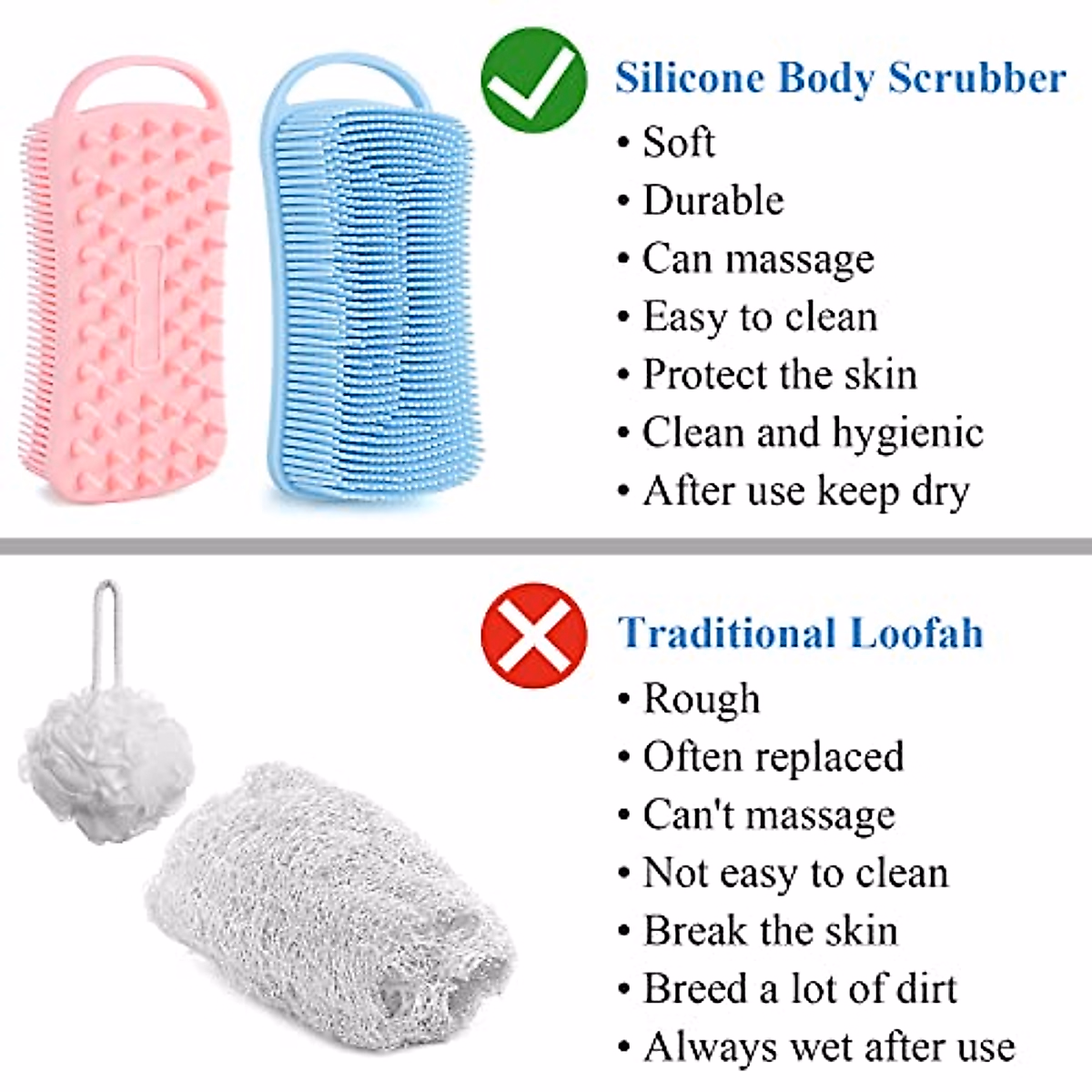 Silicone Body Scrubber Loofah, 2 in 1 Shower Scrubber for Body, Soft Silicone Loofah for Sensitive Women Men All Kinds of Skin, Scalp Massager Shampoo Brush, Exfoliating Bath Brush (2PC, Blue&Pink)