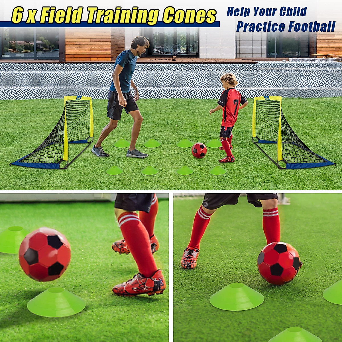 LIBERRWAY Soccer Goal 4'x 3' Portable Kids Soccer Goals for Backyard or Indoor Pop Up Soccer Net with 6 Training Cones, Carrying Bag, 8 Ground Stakes, 2 Set